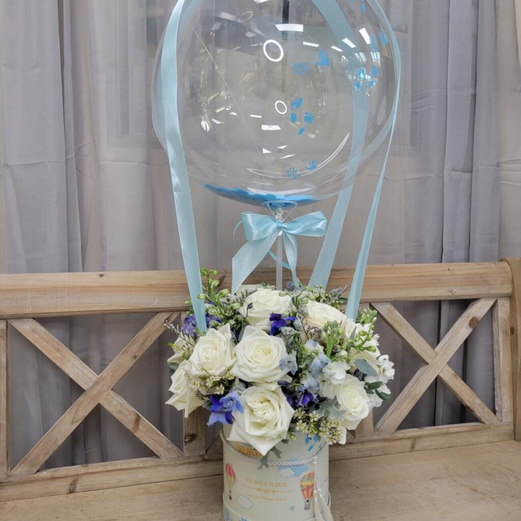 Hat Box with White Roses and Balloon Oh, Baby boy!