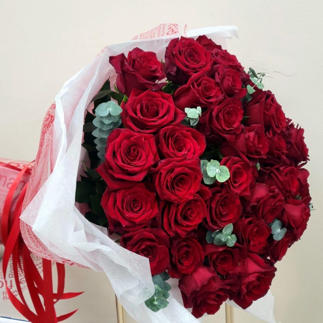 Long Stem Burgundy Roses and Eucalyptus 'Avenger'